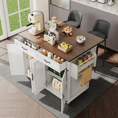 Rustic Kitchen Island Trolley with Cabinet, Drawers, Adjustable Shelf ...