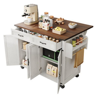 Rustic Kitchen Island Trolley with Cabinet, Drawers, Adjustable Shelf ...