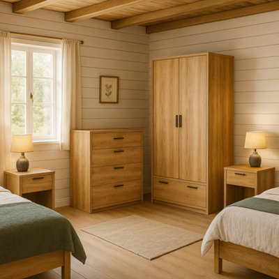 Rustic Oak 4 Piece Furniture Set Wardrobe Chest of Drawers Bedsides ...