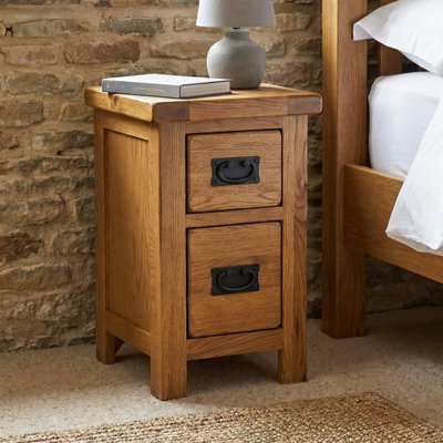 Rustic Oak Slim Narrow Bedside 2 Drawer Table
