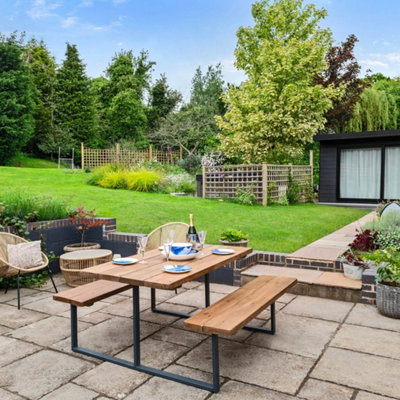 Rustic Outdoor Picnic Table with Fixed Benches - Aluminium Legs - 180cm