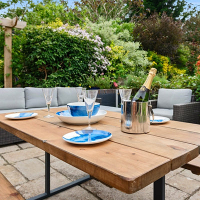 Rustic Outdoor Picnic Table with Fixed Benches - Aluminium Legs - 230cm