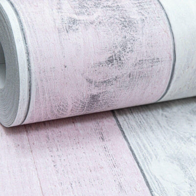 Rustic Paint Wood Grain Panel Effect Grey Blush Pink Wallpaper Cabin ...