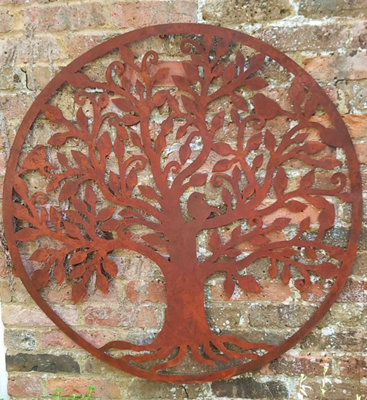 Rustic Round Steel Tree and Bird Screen Wall Art Plaque 1m Diameter
