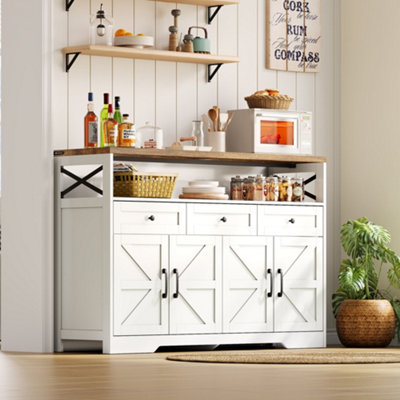 Rustic White & Brown 140cm Sideboard with 3 Drawers, Doors & Shelves ...