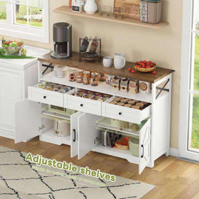 Rustic White & Brown 140cm Sideboard with 3 Drawers, Doors & Shelves ...