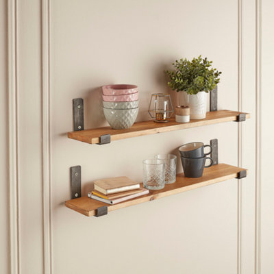 Rustic Wood Wall Shelves Set of 2 with Inverted Brackets -15cm x 2.5cm ...