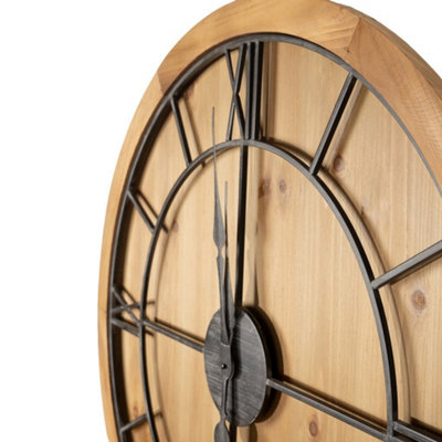 Rustic Wooden 600mm Round Wall Clock with Roman Numerals