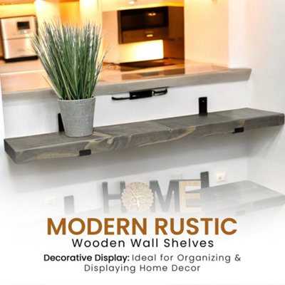 Rustic Wooden Shelf, Inverted Brackets (Driftwood Grey, 40cm (0.4m)