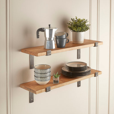 Rustic Wooden Shelves with Brackets -100cm Length- Pack of 2 - 22.5cm Deep | DIY at B&Q