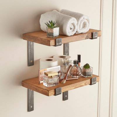 Rustic Wooden Shelves with Brackets -50cm Length- Pack of 2 - 22.5cm Deep | DIY at B&Q