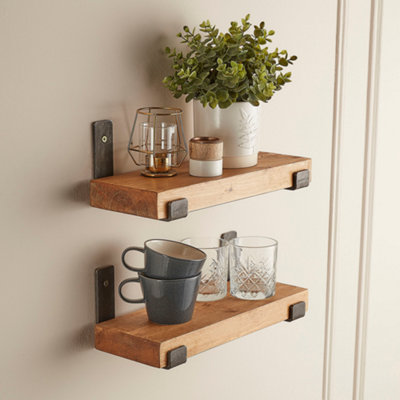 Rustic Wooden Shelves with L Brackets - Set of 2 - 90cm | DIY at B&Q