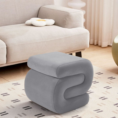 S-shaped Grey Velvet Upholstered Vanity Footstool W 430 x D 500 x H 440 ...