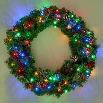 SA Products Large Christmas Wreath 80 Multicolour LED Lights Red Berries Pine Cones Needles Battery