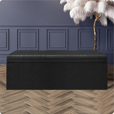 Safar 5ft Plain Ottoman Storage box - Black Plush Velvet Upholstered ...