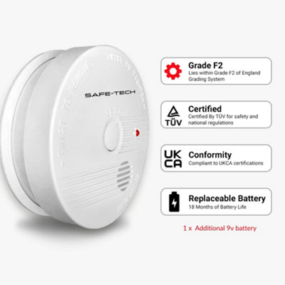 SAFE-TECH Smoke Alarm+Extra Battery, BS EN 14604 Certified, Long ...