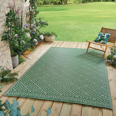 Sage Aztec Outdoor Rug, Weatherproof Recycled Polypropylene, 175 x 270cm, Mould and UV Resistant