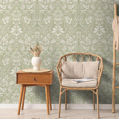 Sage Green Damask Leaf Wallpaper Holden Classic Natural Leaves Tree ...