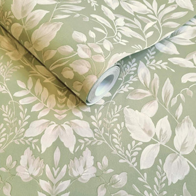 Sage Green Damask Leaf Wallpaper Holden Classic Natural Leaves Tree ...