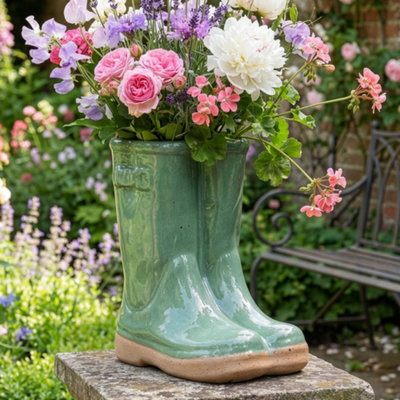 Sage Green Wellington Boot Outdoor Summer Ceramic Flower Pot Garden ...