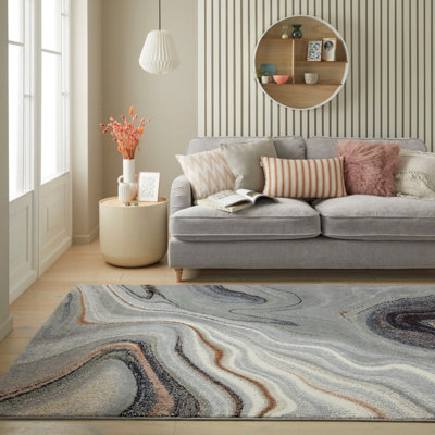 Sage Grey Abstract Jute Polyester Modern Living Room, Bedroom Rug ...
