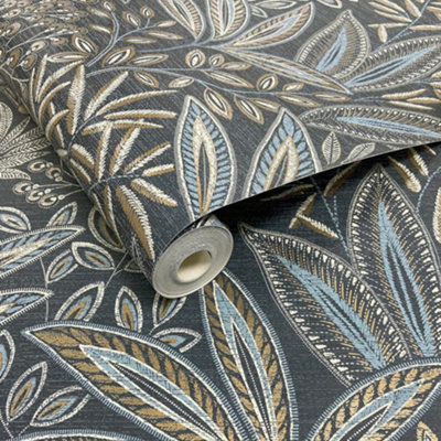 Sahara Leaf Navy Blue Tropical Leaf Wallpaper M1784 at B&Q
