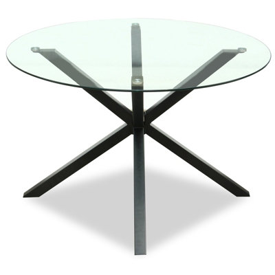 Saignon 1200mm Round Glass Dining Table with Black Cross-Leg Metal Base