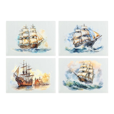 Sailing Ships Glass Placemats Set - Vintage Ocean/Sea Nautical Themed ...