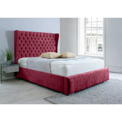 Salva Plush Bed Frame With Winged Headboard - Maroon | DIY at B&Q