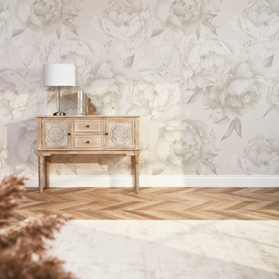 Sample of Classic Stripe Wallpaper in Magnolia and Sandstone