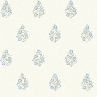 Sample of Posy Wallpaper in Blue and Sage on Cream