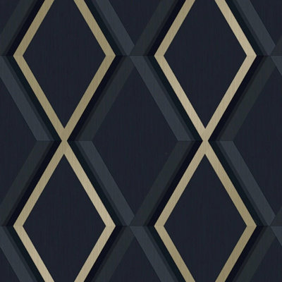 Sample of Profile Geometric Wallpaper Navy, Gold (53 x 30cm)
