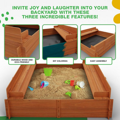 Sandpit - Square Wooden Sand Pit with Folding Lid - 96cm by 96cm - With ...