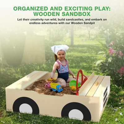 Sandpit - Wooden Car Sand Pit - With Steering Wheel, Weatherproof Cover ...