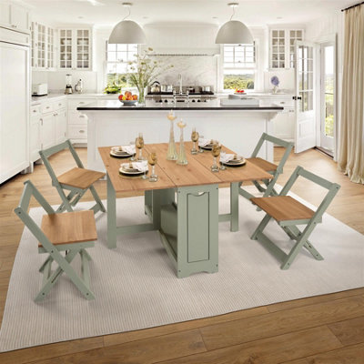 Santos Folding Drop Leaf Butterfly Dining Table Set 4 Chairs Sage Green Distressed Wax Pine