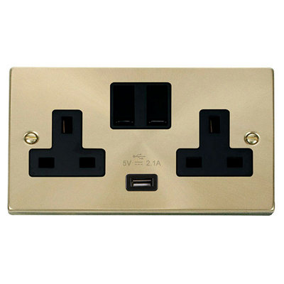 Satin / Brushed Brass 2 Gang 13A 1 USB Twin Double Switched Plug Socket ...