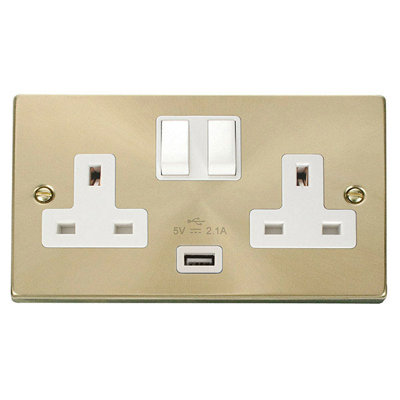 Satin / Brushed Brass 2 Gang 13A 1 USB Twin Double Switched Plug Socket ...