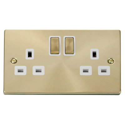 Satin / Brushed Brass 2 Gang 13A DP Ingot Twin Double Switched Plug ...