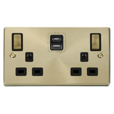 Satin / Brushed Brass 2 Gang 13A DP Ingot Type A & C USB Twin Double ...