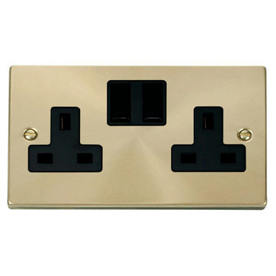 Satin / Brushed Brass 2 Gang 13A Twin Double Switched Plug Socket ...