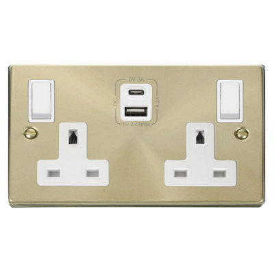 Satin / Brushed Brass 2 Gang 13A Type A & C USB Twin Double Switched ...