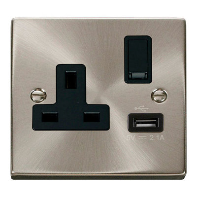 Satin / Brushed Chrome 1 Gang 13A DP 1 USB Switched Plug Socket - Black ...