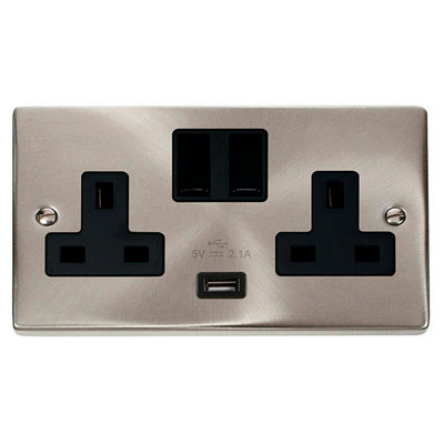 Satin / Brushed Chrome 2 Gang 13A 1 USB Twin Double Switched Plug ...