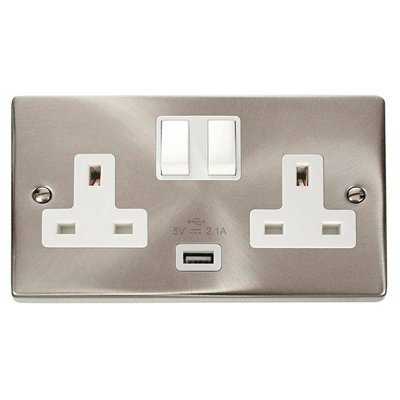 Satin / Brushed Chrome 2 Gang 13A 1 USB Twin Double Switched Plug ...