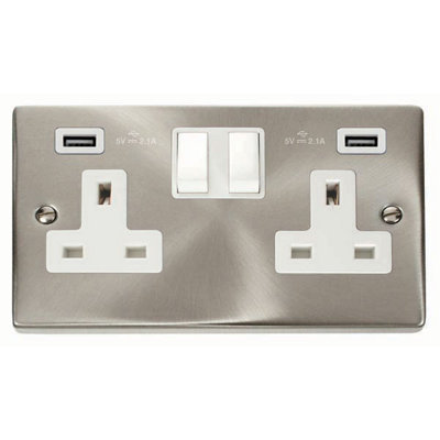 Satin / Brushed Chrome 2 Gang 13A 2 USB Twin Double Switched Plug ...