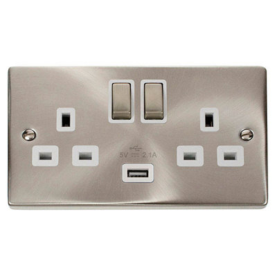 Satin / Brushed Chrome 2 Gang 13A DP Ingot 1 USB Twin Double Switched ...