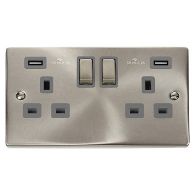 Satin / Brushed Chrome 2 Gang 13A DP Ingot 2 USB Twin Double Switched ...