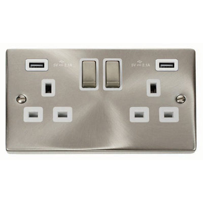 Satin / Brushed Chrome 2 Gang 13A DP Ingot 2 USB Twin Double Switched ...