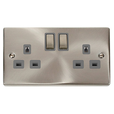 Satin / Brushed Chrome 2 Gang 13A DP Ingot Twin Double Switched Plug ...