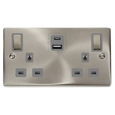 Satin / Brushed Chrome 2 Gang 13A DP Ingot Type A & C USB Twin Double ...